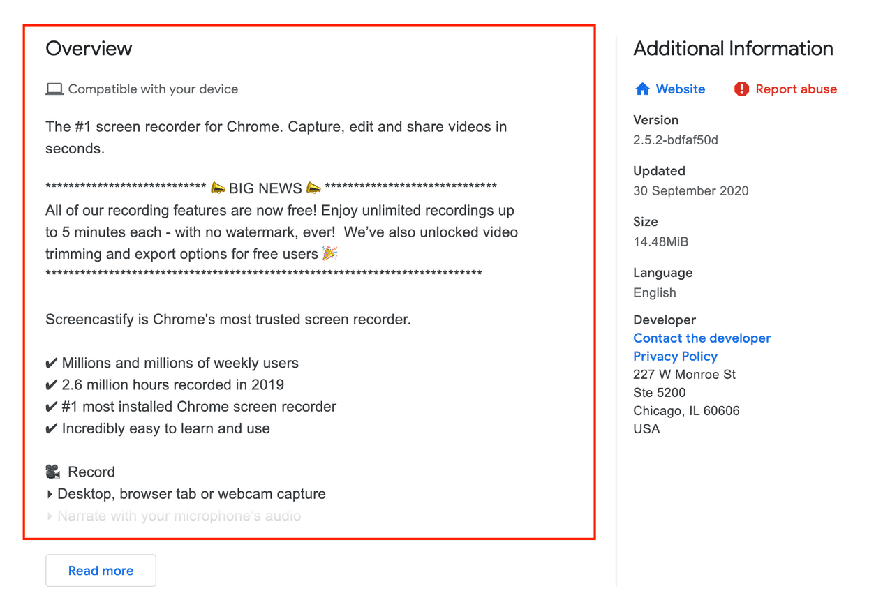 Web Store Analysis - Screencastify - ExtensionKit